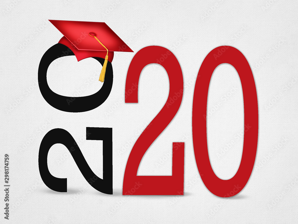 red graduation cap with gold tassel on 2020 text on white background ...