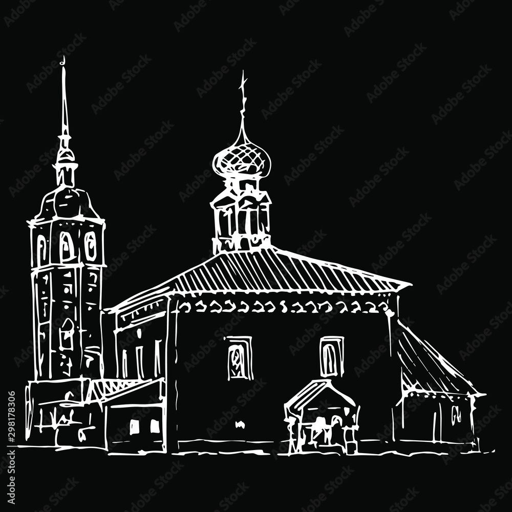 Isolated vector illustration. Russian Orthodox temple in Suzdal. Hand ...