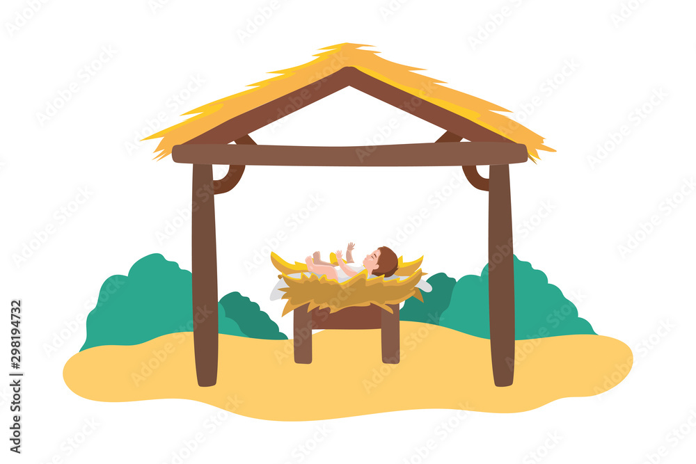 jesus christ baby in cradle and stable manger character Stock Vector ...