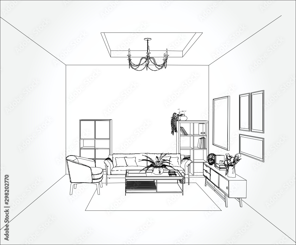 Linear sketch of an interior. Living room and bedroom drawing plan ...