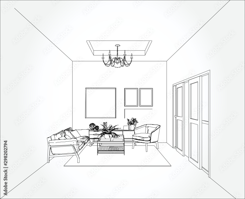 Linear sketch of an interior. Living room and bedroom drawing plan ...