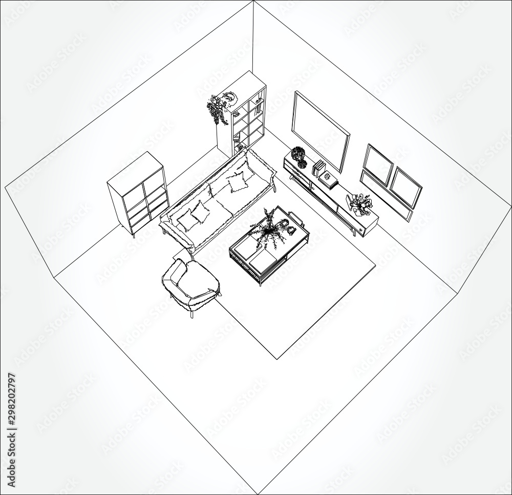 Linear sketch of an interior. Living room and bedroom drawing plan ...