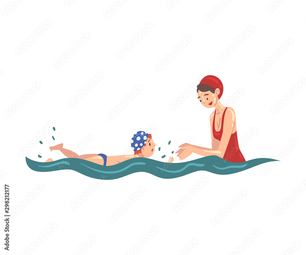 Mom Teaching her Little Son to Swim in Swimming Pool Vector ... Mom Teaching her Little Son to Swim in Swimming Pool Vector ...