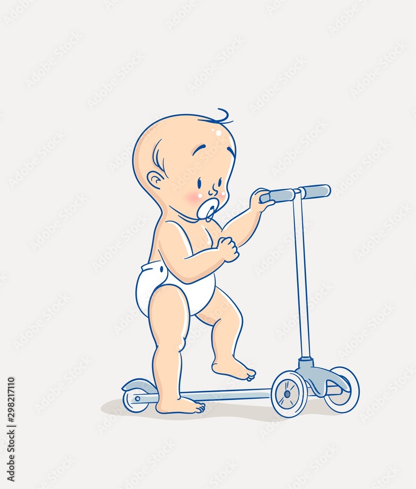 Cute Baby Boy Learning To Ride a 3 Wheel Scooter. Cartoon vector ...