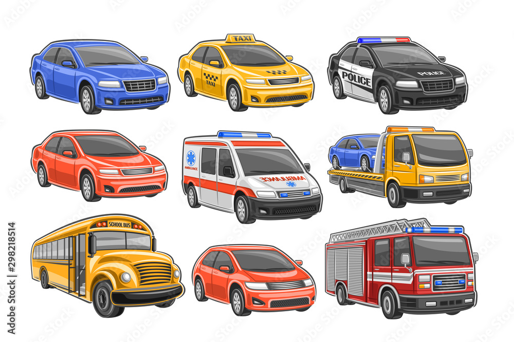 Vector set of Cars, 9 illustration of cut out city vehicles on white ...