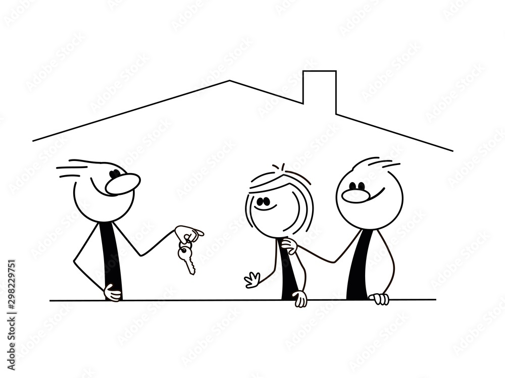 Doodle stick figure: Man with his wife being given a house key. Vector ...