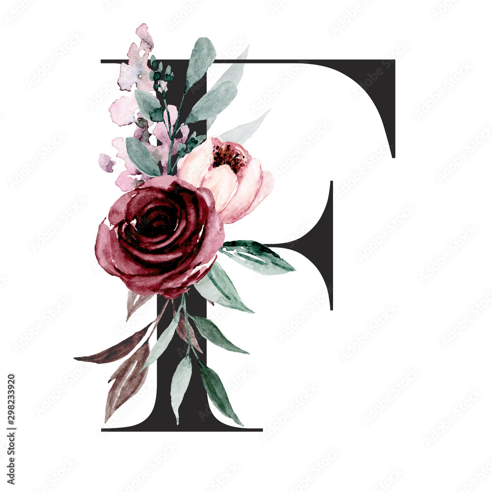 Alphabet, letter F with watercolor flowers and leaf. Floral monogram ...