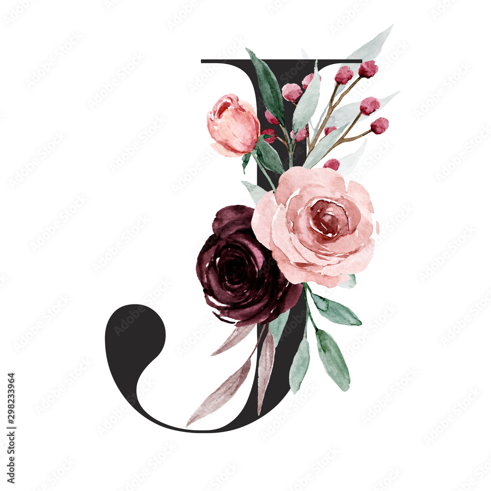 Alphabet, letter J with watercolor flowers and leaf. Floral monogram ...
