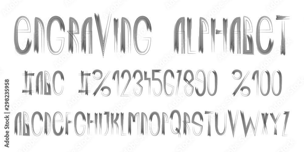 Engraving alphabet. Set of letters and numbers, font in the style of ...