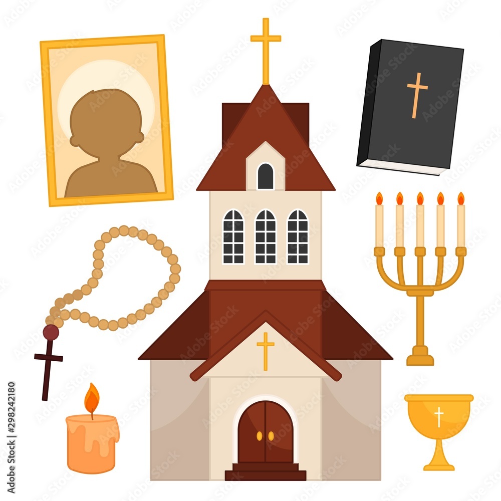 Vector set of church accessories. Illustration of a church, bible ...