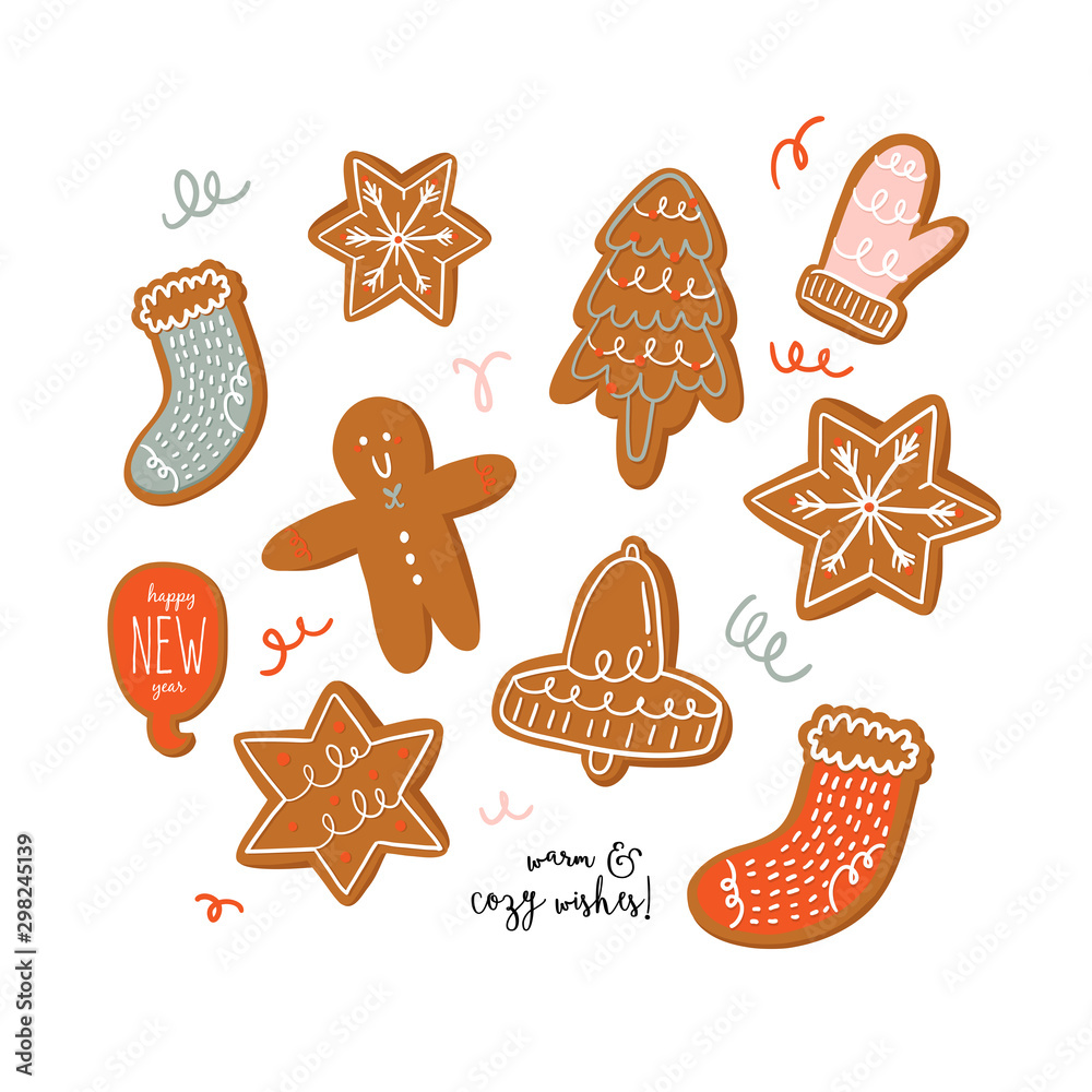 Tasty holiday bakery sweets in cartoon style. Hand drawn cute Merry ...