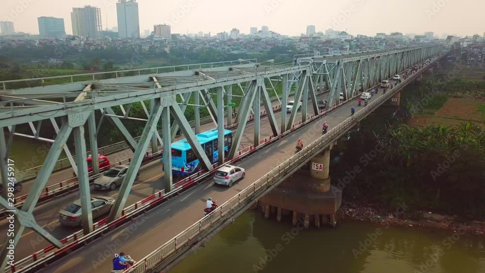 Aerial Long Bien Bridge French colonial. Trains mopeds bicycles ...