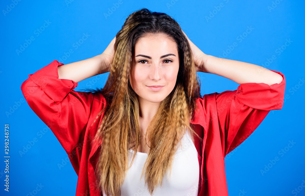 Crimped hairstyle. Girl stylish hairstyle on blue background. Extra ...