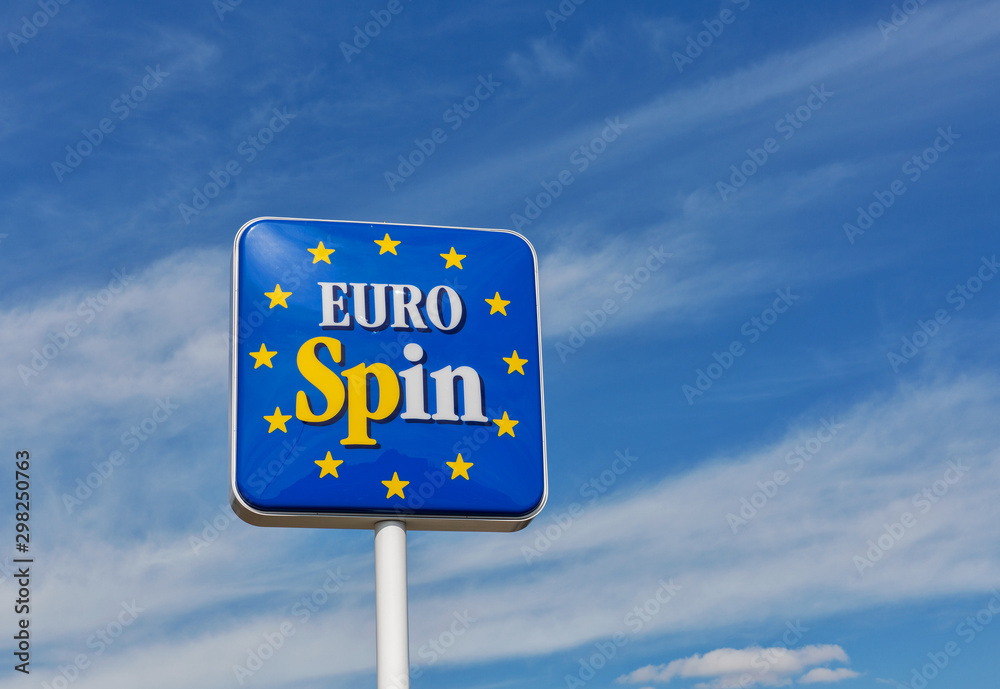 Eurospin discount store logo on the road in Brezovica, Slovenia. Stock ...