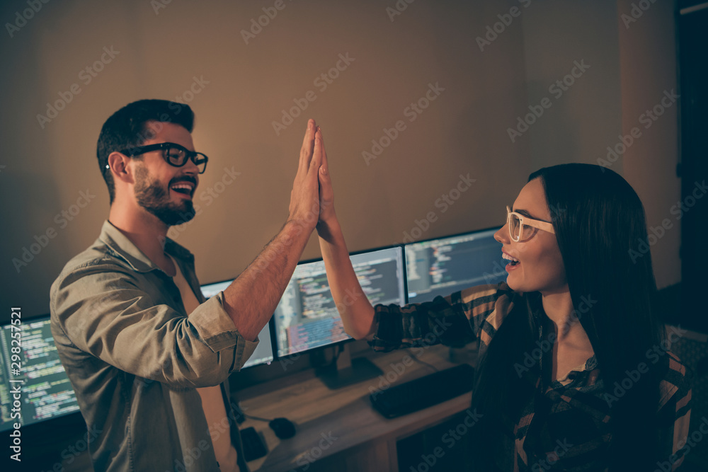 Done. Profile photo of it specialist guy lady two business people work ...