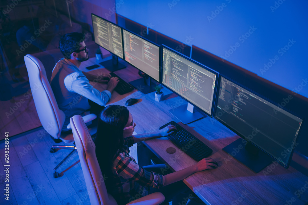 High angle above view photo of it specialist two guy lady business ...