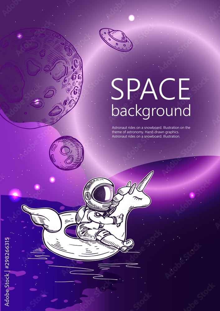 Space background. Outline astronaut, planets, satellites, flying ...