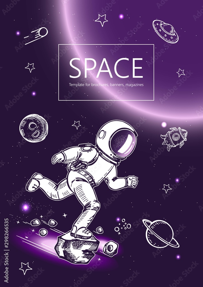 Space background. Outline astronaut, planets, satellites, flying ...