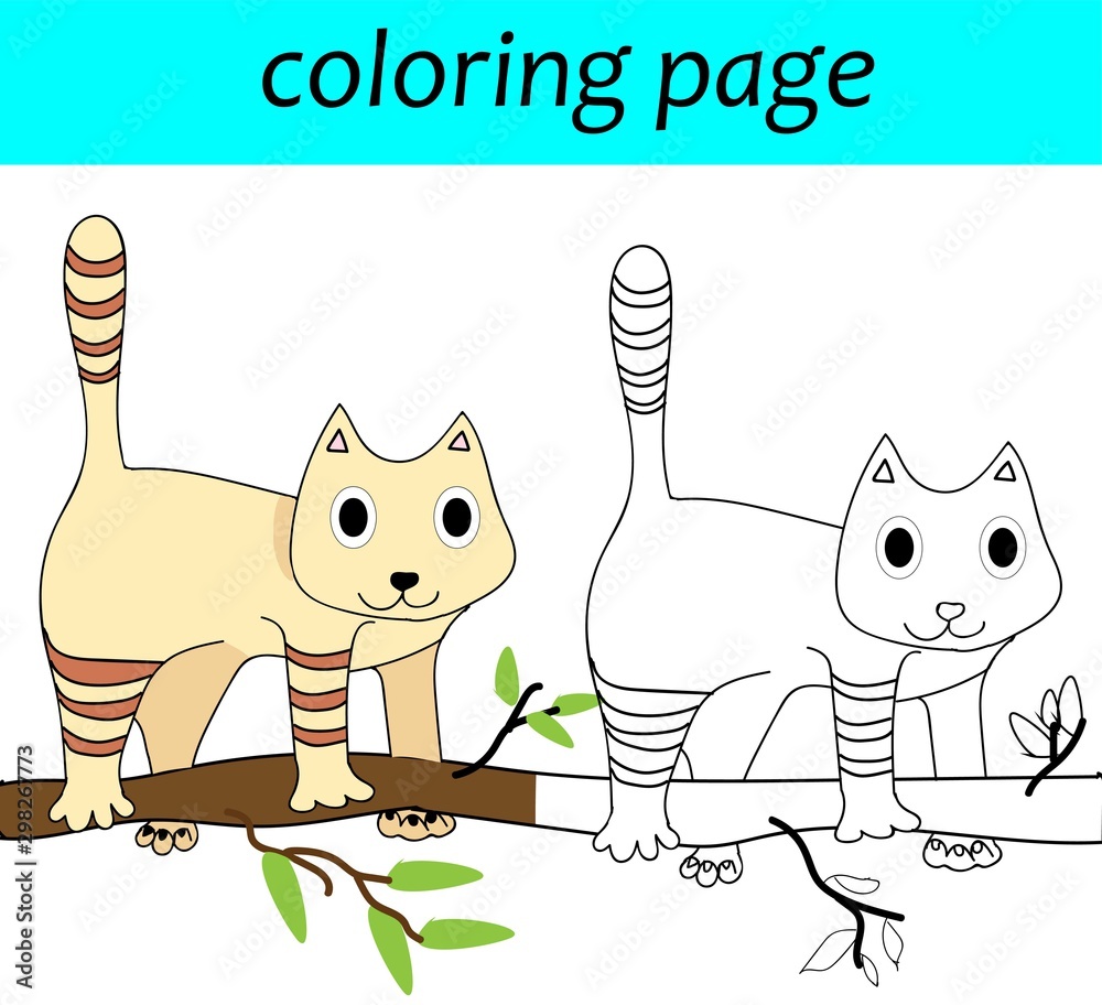Coloring Page. Cartoon cat tail up and stands on the tree branch and ...