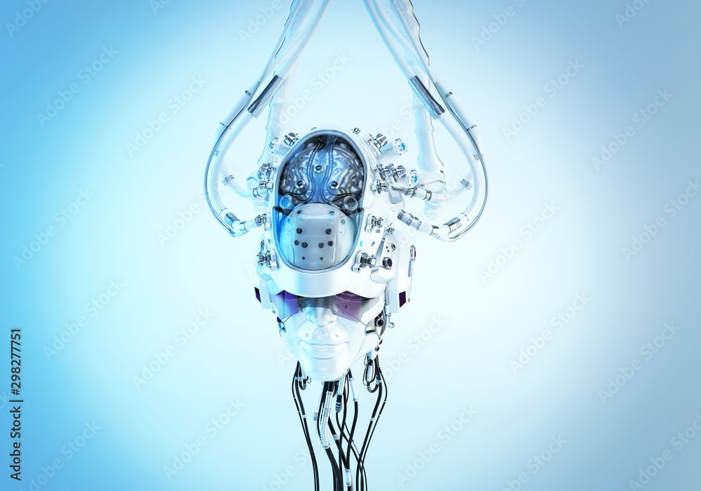 Humanoid robotic head with visible brain connected with wires and tubes ...