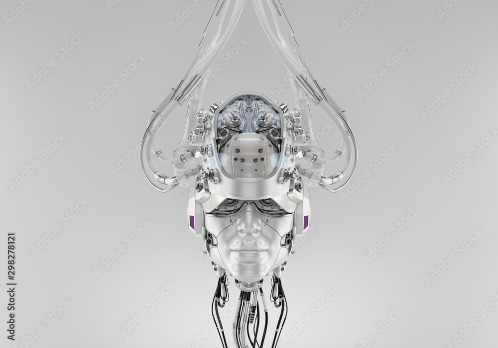 Humanoid robotic head with visible brain connected with wires and tubes ...