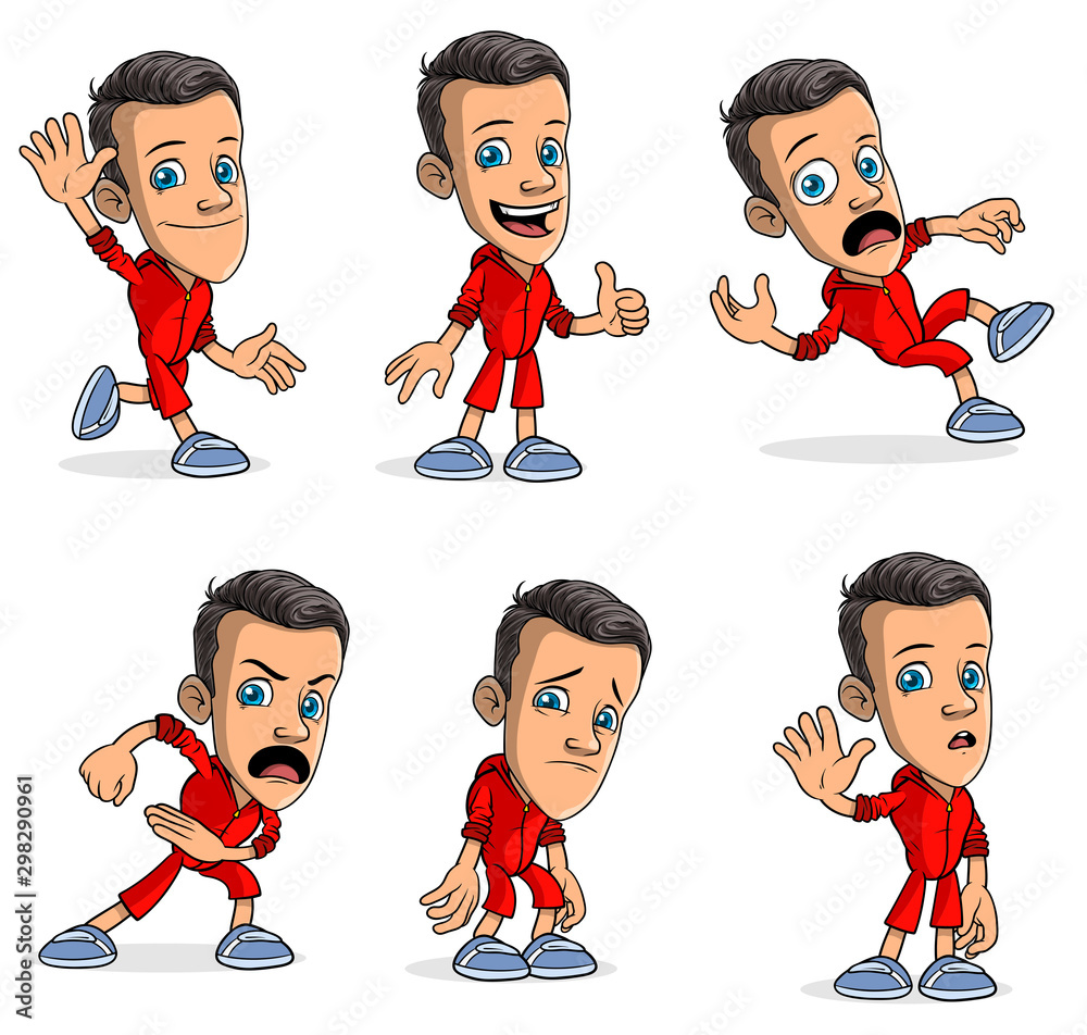 Cartoon funny smiling boy character in different positions. Layered EPS ...