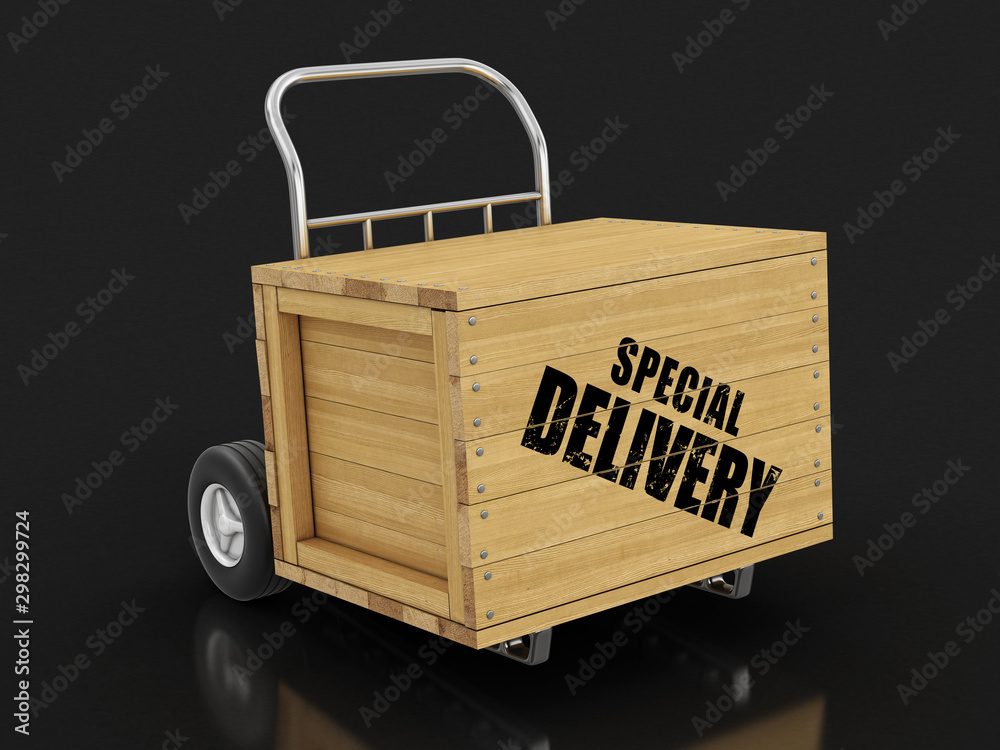 Wooden crate with Special Delivery on Hand Truck. Image with clipping ...