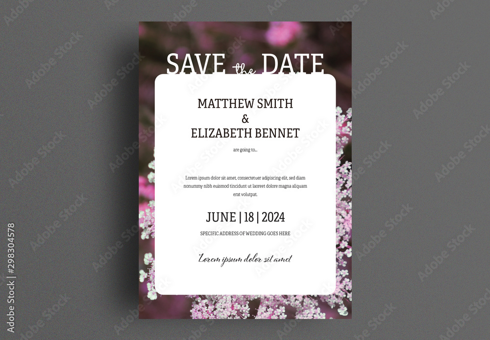 Wedding Invitation Layout with Floral Background Stock Template | Adobe ...