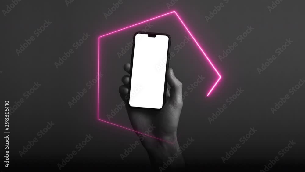Hand holding modern smartphone with a blank white screen and neon light ...