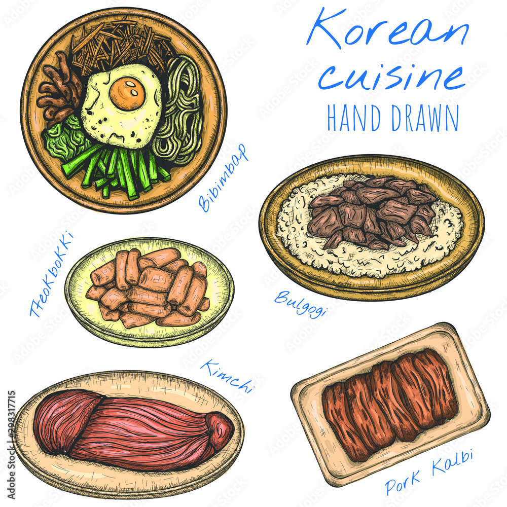 Korean cuisine various food hand drawn illustrations, vector isolated ...