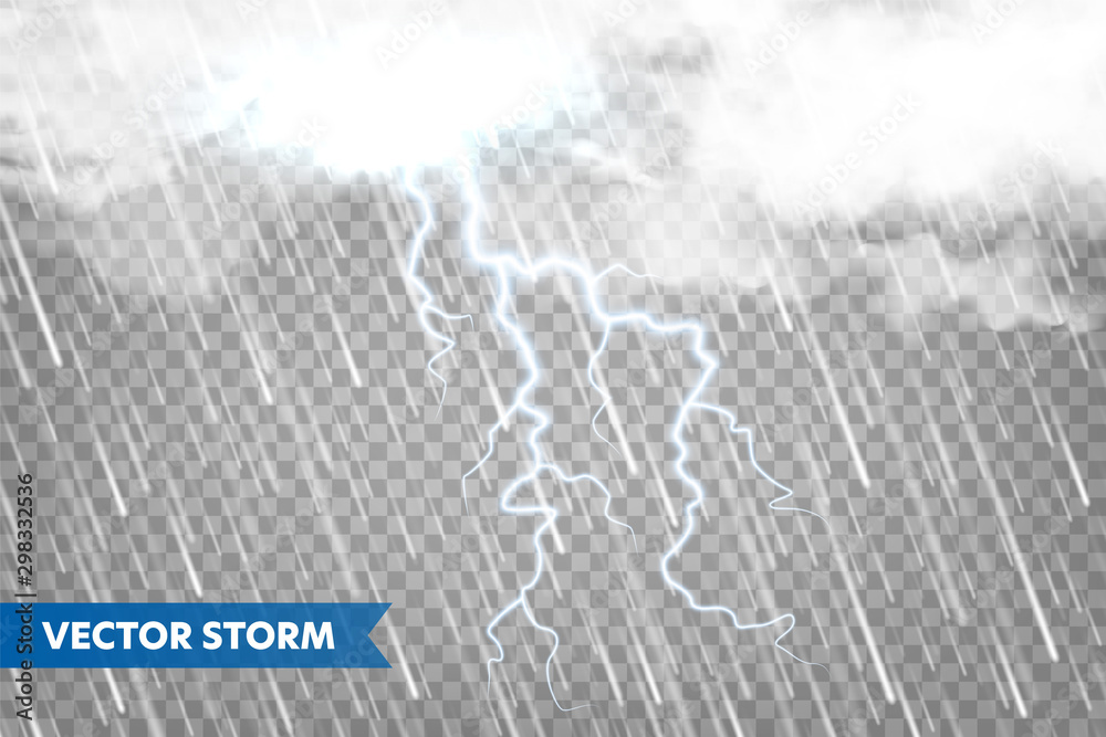 Realistic rain with clouds and lightning on transparent background ...