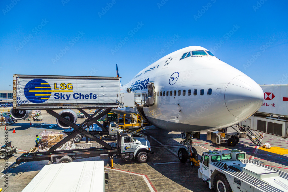 Lufthansa Boeing 747 parks at gate position Stock Photo | Adobe Stock