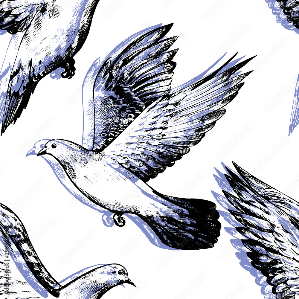 Vector seamless pattern. Flying doves isolated. Graphic sketch hand ...