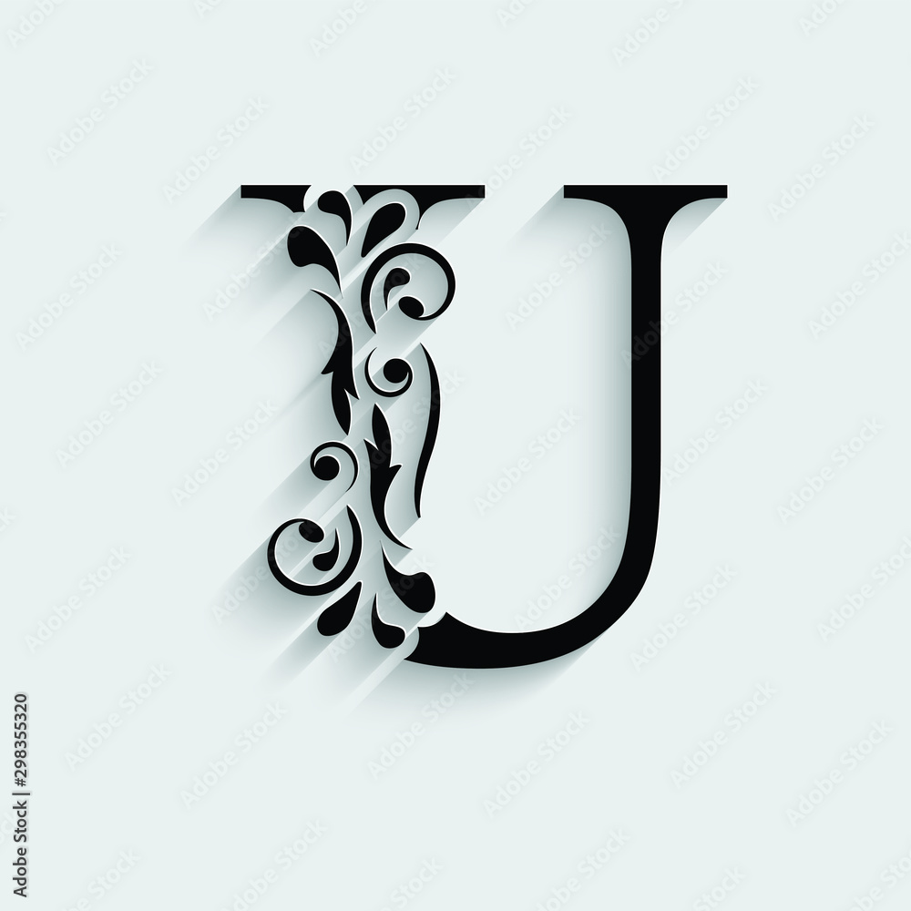 letter U. Black flower alphabet. Beautiful capital letters with shadow ...