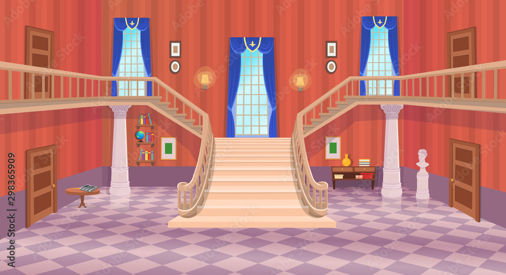 Vector old hall room with stairs, doors and a window. Cartoon ...