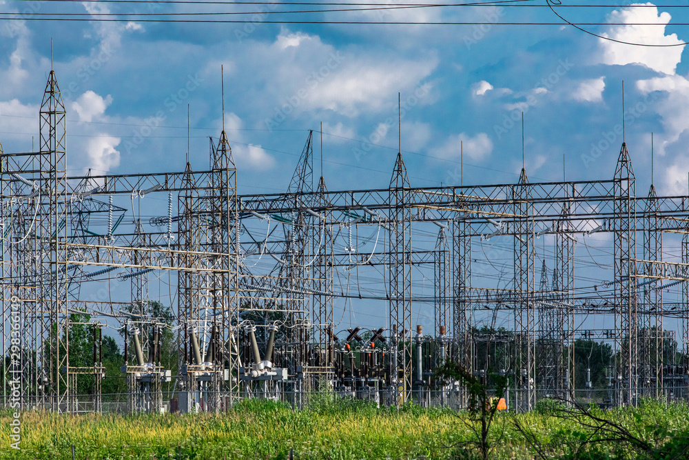 Electrical central where can be seen electric transmission pylons ...