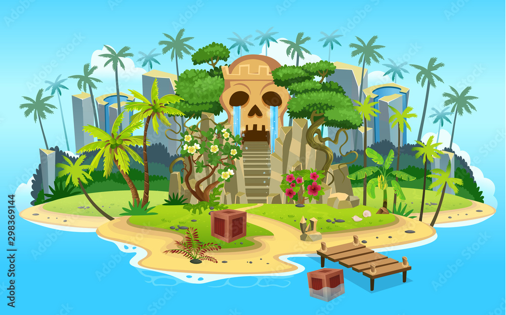 Cartoon tropical island with skull mountain cave with stairs, palm ...