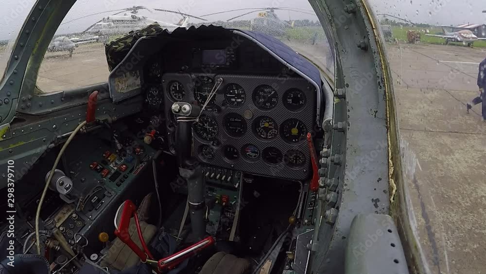 Cabin of combat fighter plane. Inside view of cockpit and dashboard ...