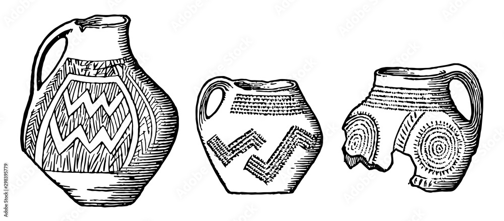 Poster Neolithic Age Pottery from lake dwelling, vintage engraving ...