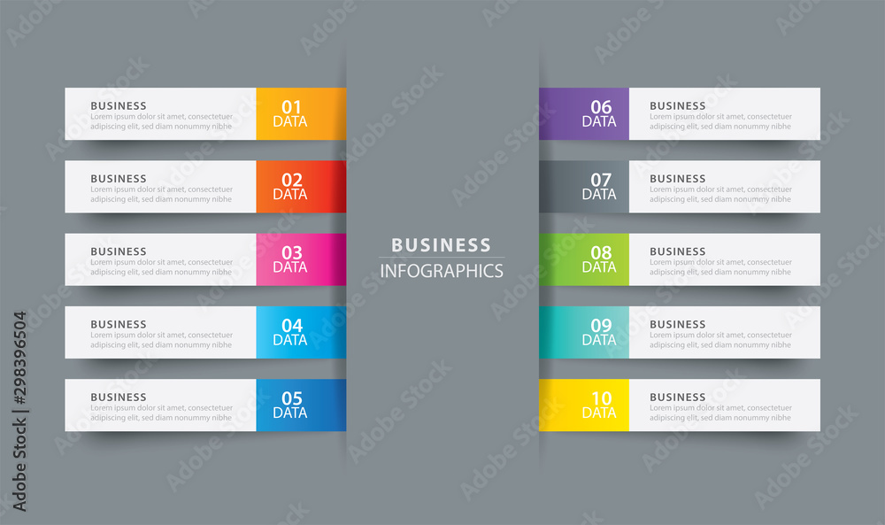 Infographics tab index in horizontal paper index with 10 data template ...