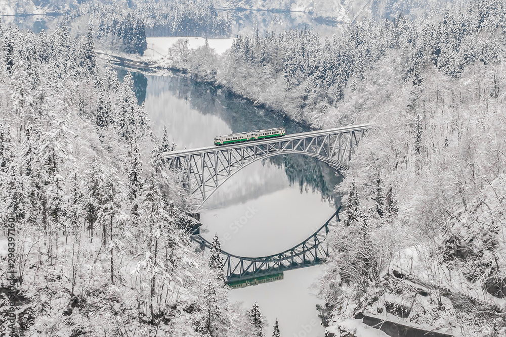 Tadami Line Train across Tadami River in Winter, Fukushima, Japan Stock ...