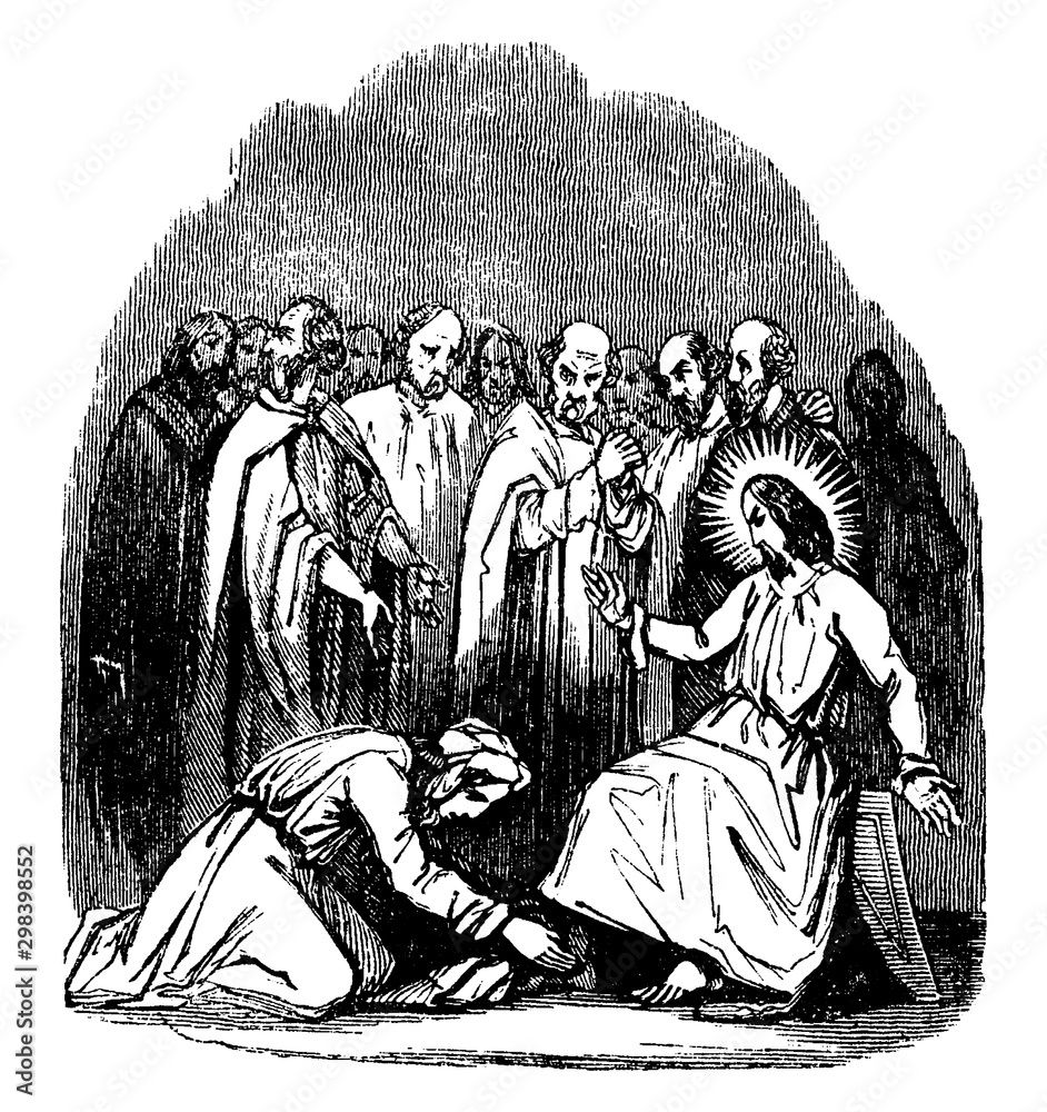 Mary Anoints Jesus at Bethany vintage illustration. Stock Vector ...