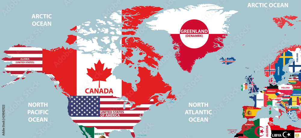 vector map with region of North American and European countries mixed ...