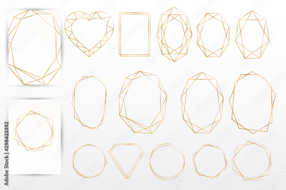 Collection of golden geometric frames for wedding invitations, diamond ...