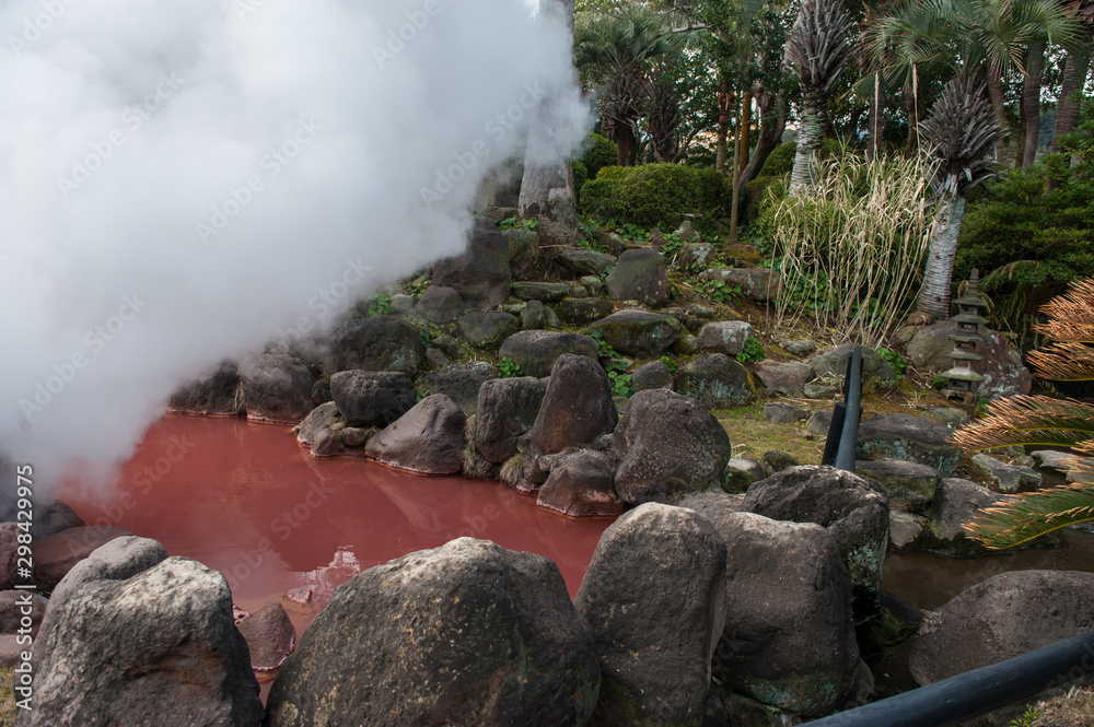 Hot spring water (Hells), red pond in Umi Jigoku at Beppu, Oita-shi ...