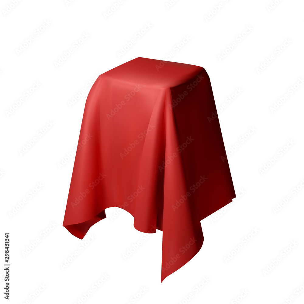 Realistic drapery fabric 3d. Box covered with red silk cloth isolated ...