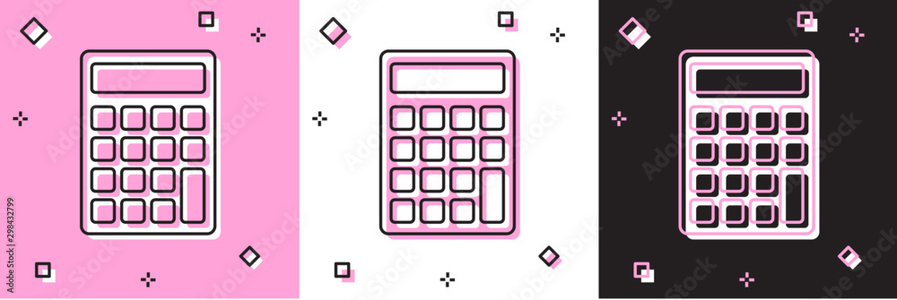 Set Calculator icon isolated on pink and white, black background ...