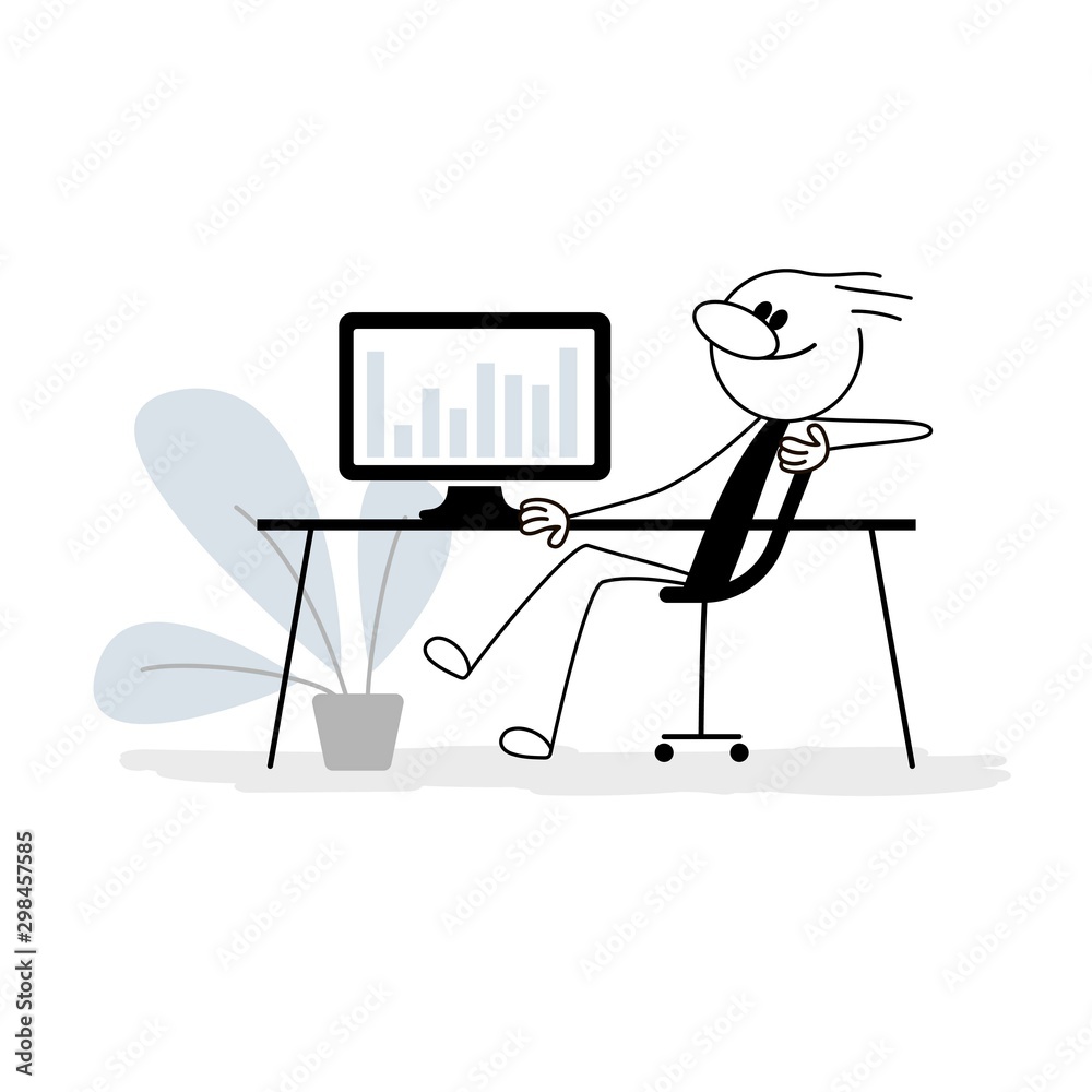 Stick man sitting at the table in the office, business concept cartoon ...