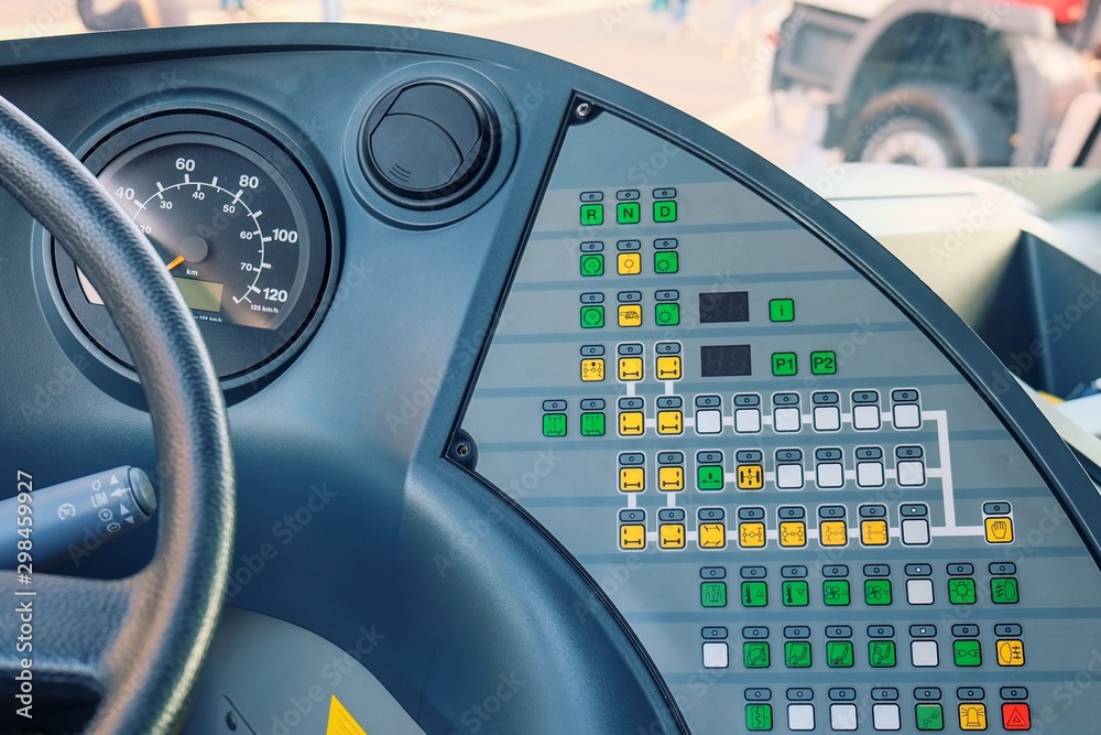The unique dashboard with system of various icons and buttons in cabin ...
