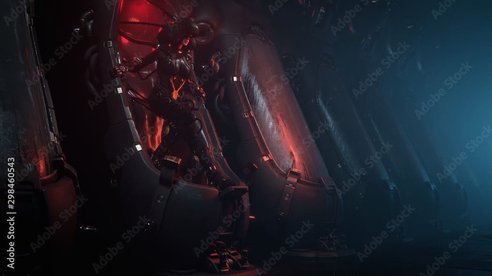 3d illustration of a young girl wearing a futuristic VR helmet coming ...